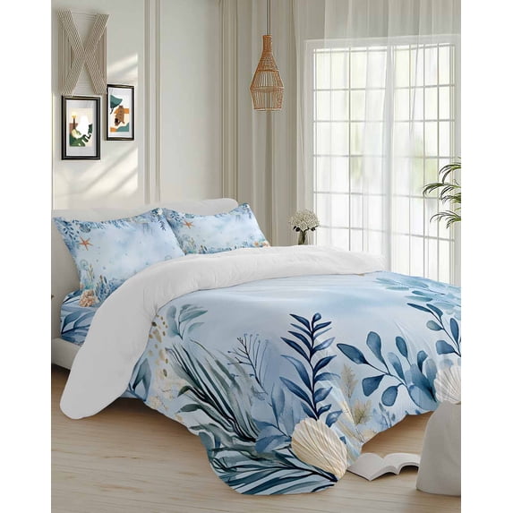 4 Piece Duvet Cover Set Queen, Ocean Seaweed Leaves Shell Soft ...