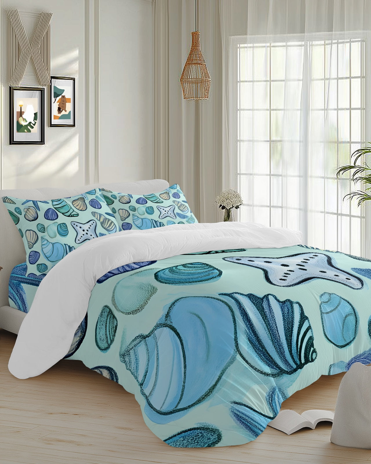 4 Piece Duvet Cover Set Queen, Ocean Shell Conch Cartoon Style Soft ...