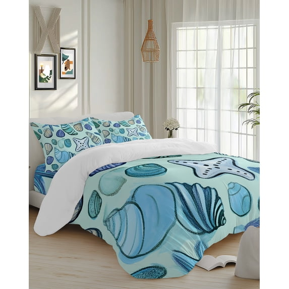 4 Piece Duvet Cover Set Queen, Ocean Shell Conch Cartoon Style Soft ...