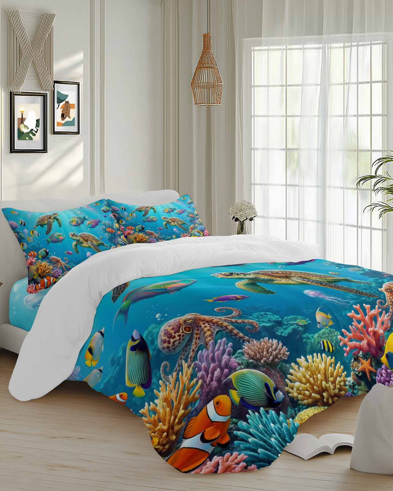 4 Piece Duvet Cover Set Queen, Ocean Turtle Fish Coral Jellyfish Soft ...