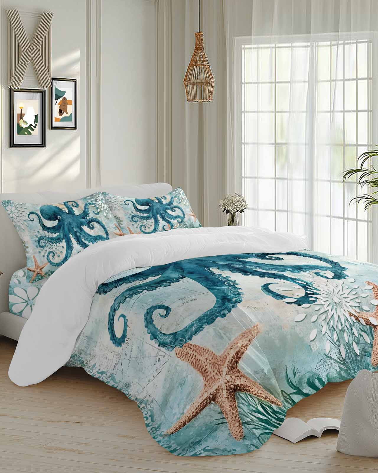 4 Piece Duvet Cover Set Queen, Octopus Sea Monster Starfish Coral Soft ...