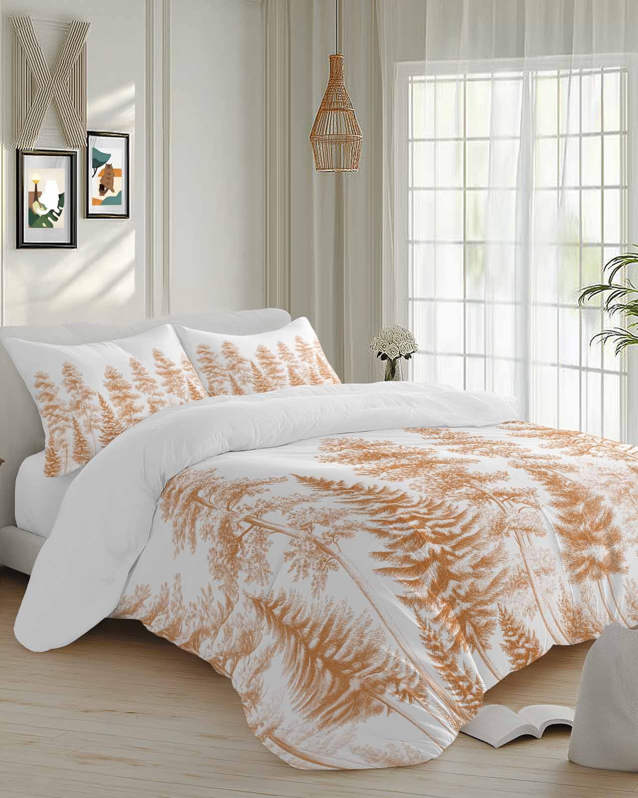 4 Piece Duvet Cover Set Queen, Orange Pine Tree Forest Sketch Art Soft ...