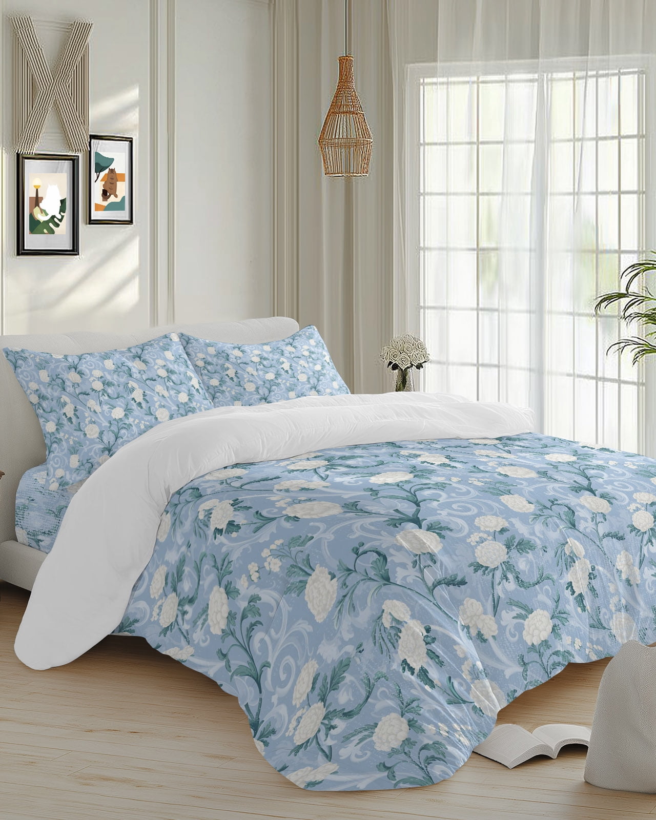 4 Piece Duvet Cover Set Queen, Pastoral Floral Vine Leaves on Blue Soft ...