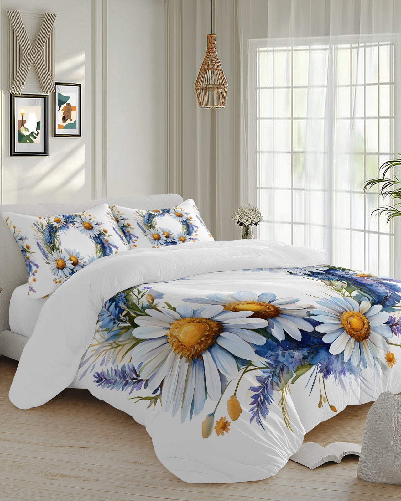 4 Piece Duvet Cover Set Queen, Pastoral Garland Blossom Daisy Soft ...