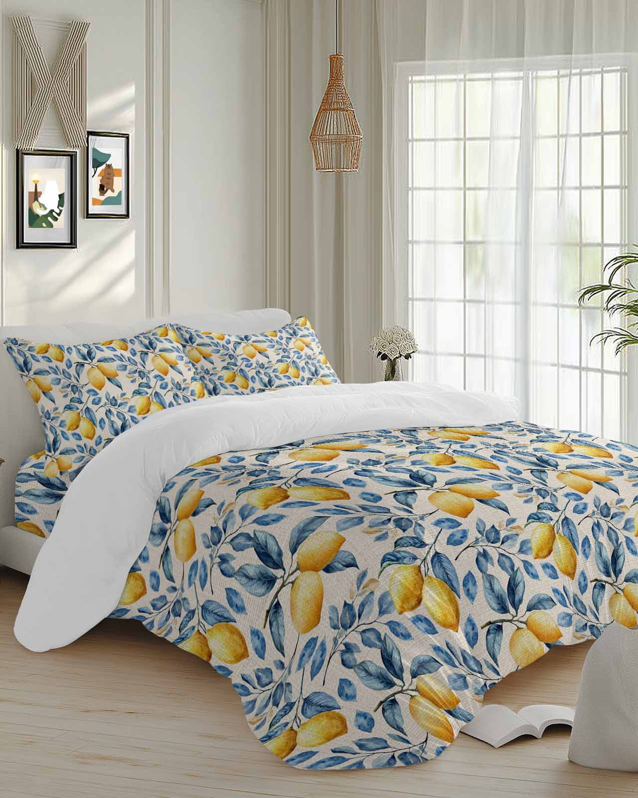4 Piece Duvet Cover Set Queen, Pastoral Retro Yellow Lemon Soft ...