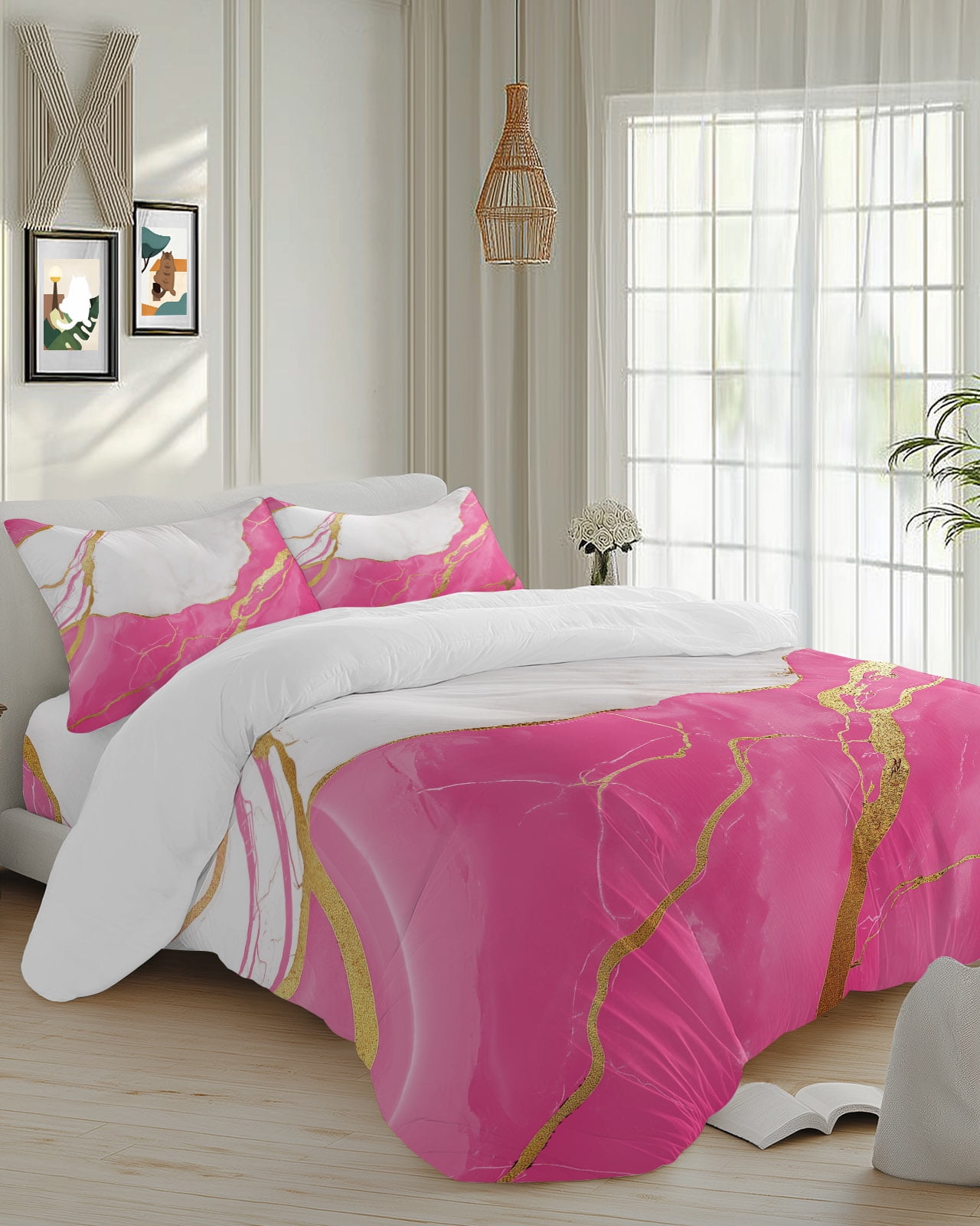 4 Piece Duvet Cover Set Queen, Pink Marble Watercolor Gradient Soft ...