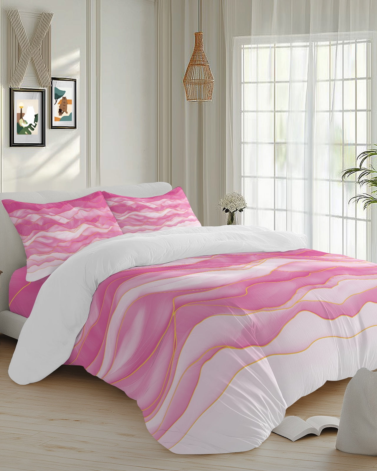 4 Piece Duvet Cover Set Queen, Pink Ripple Abstract Geometric Soft ...