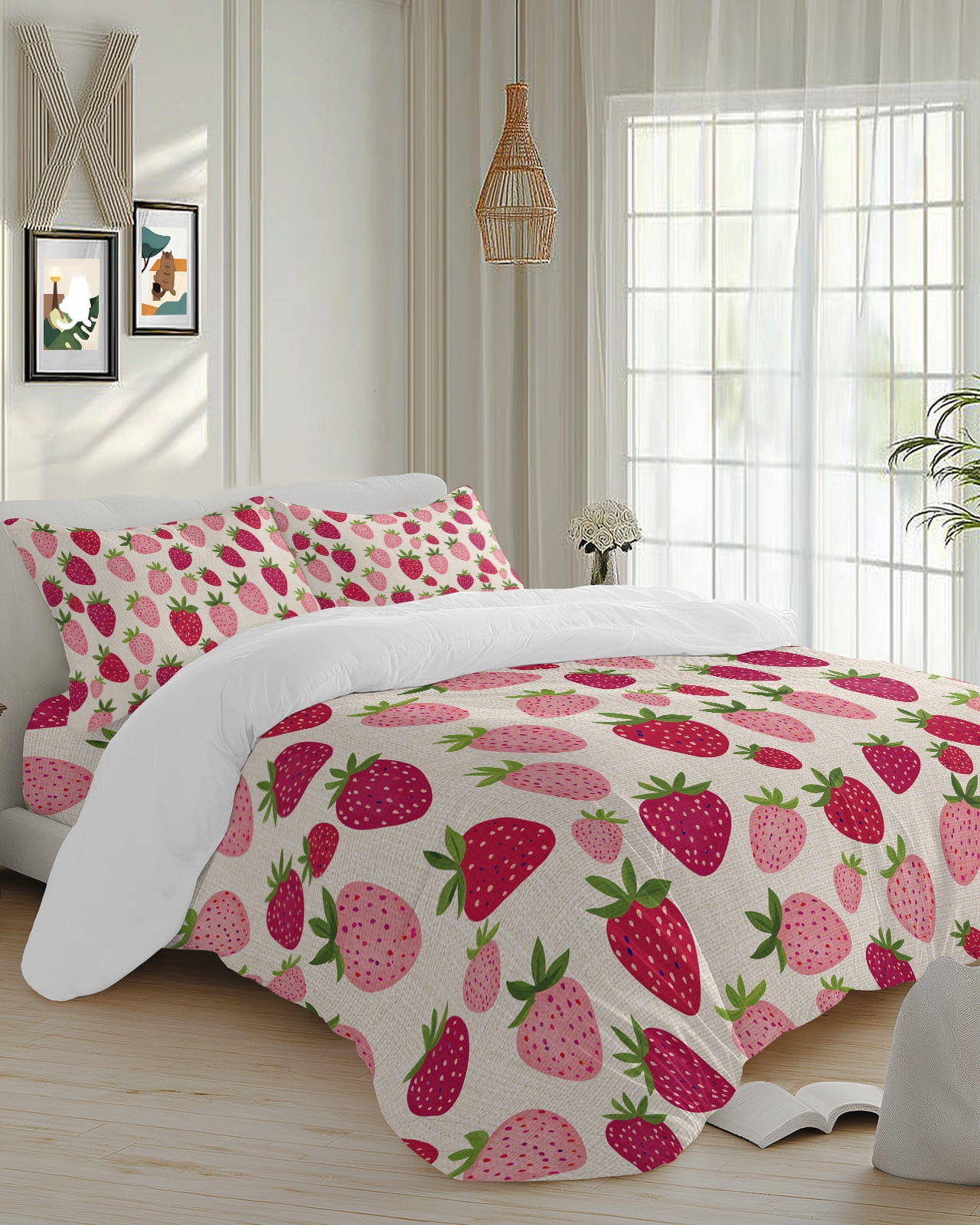 4 Piece Duvet Cover Set Queen, Pink Strawberry Summer Fruit Soft ...