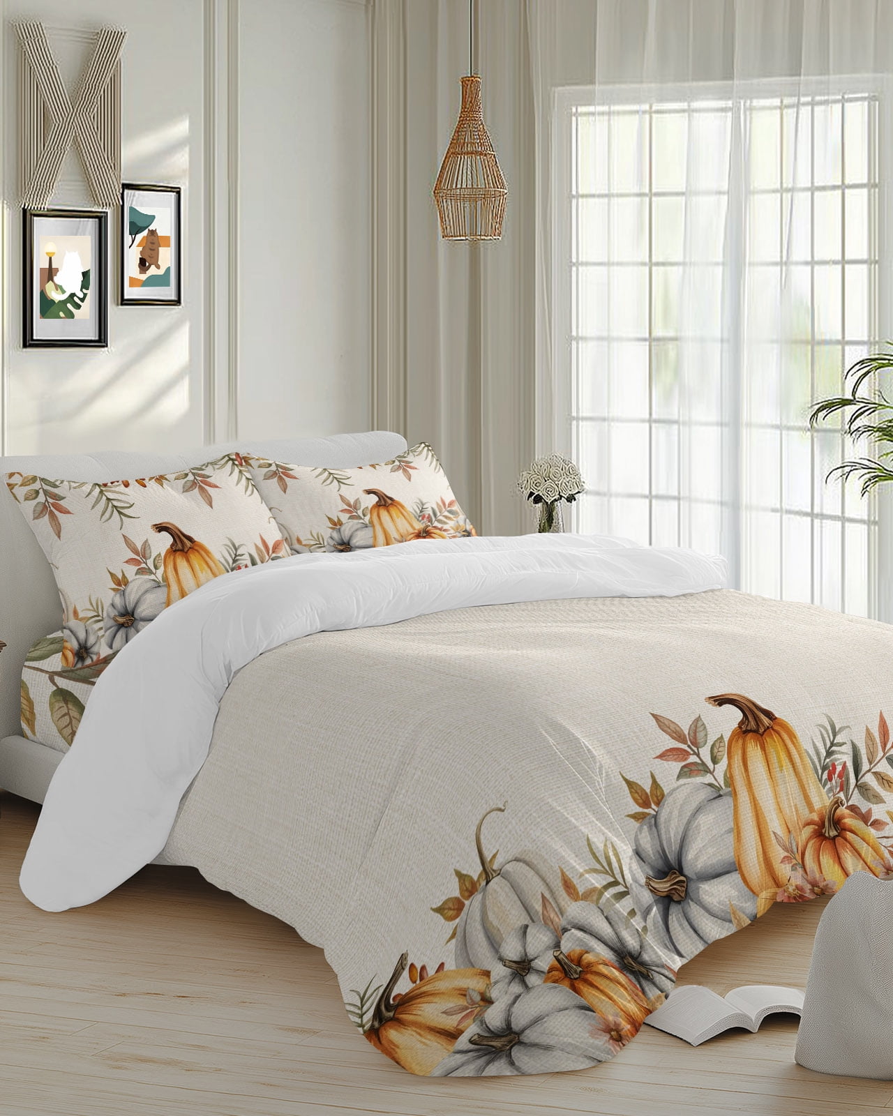 4 Piece Duvet Cover Set Queen, Pumpkin Maple Leaves Fall Thanksgiving ...