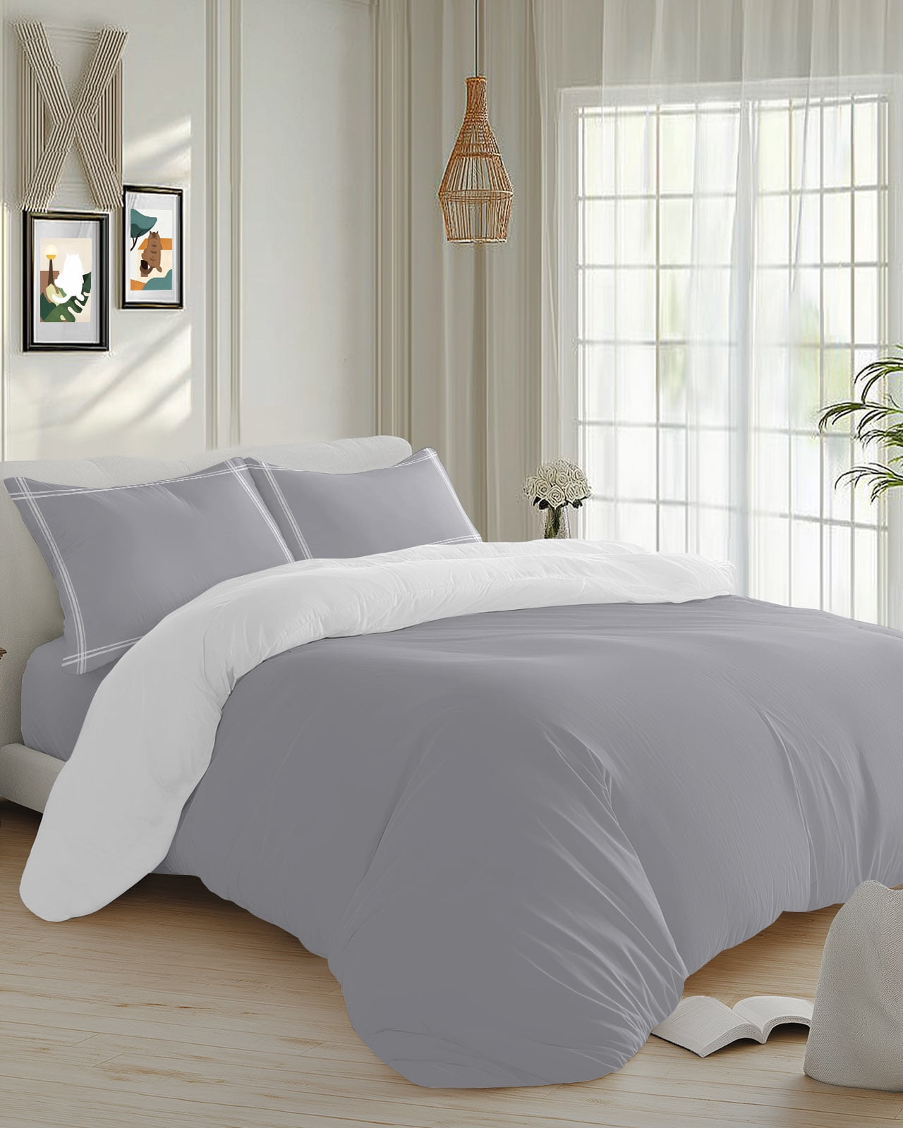 4 Piece Duvet Cover Set Queen, Pure Grey Soft Breathable Bedding Set ...