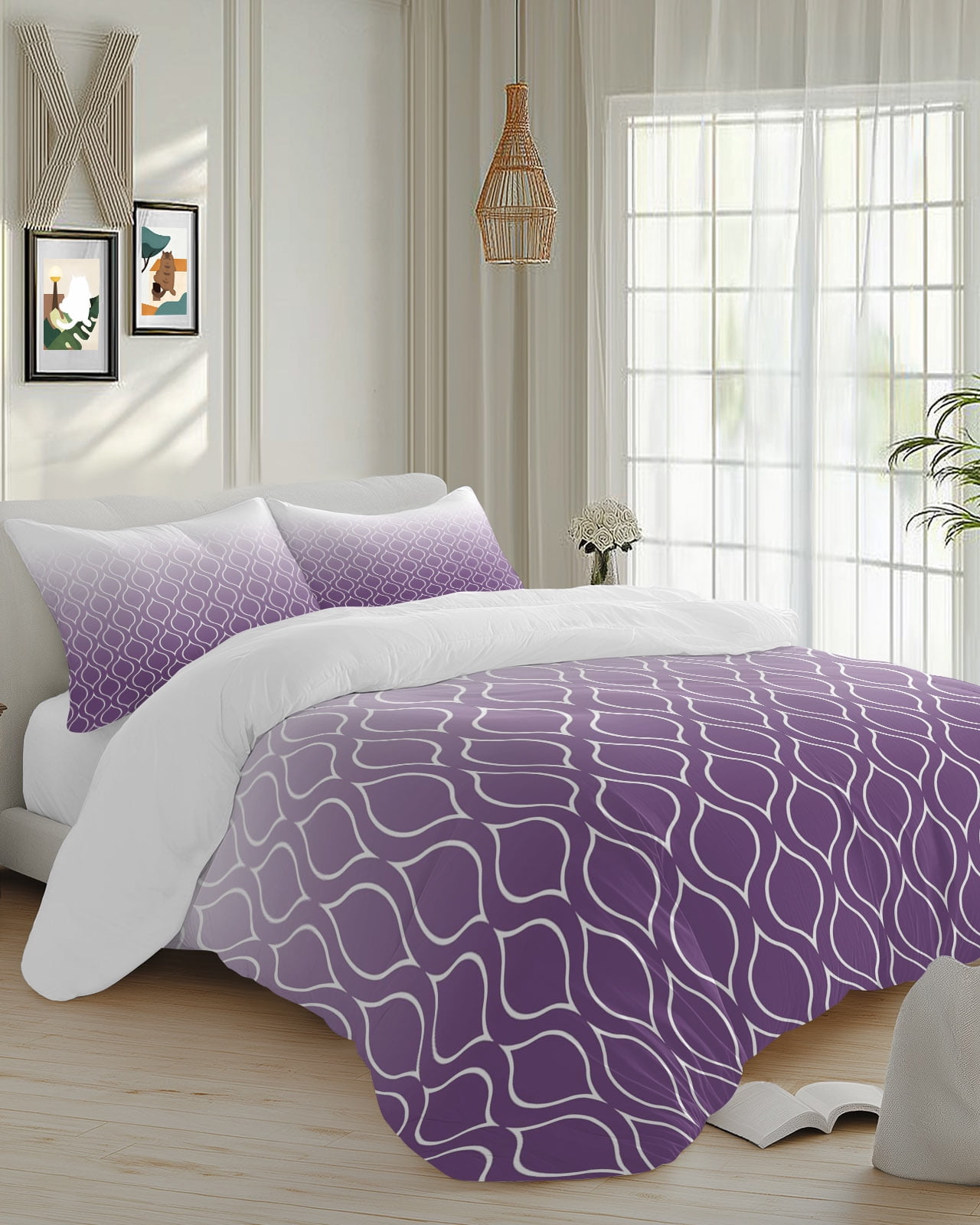 4 Piece Duvet Cover Set Queen, Purple Gradient Abstract Geometric Soft ...