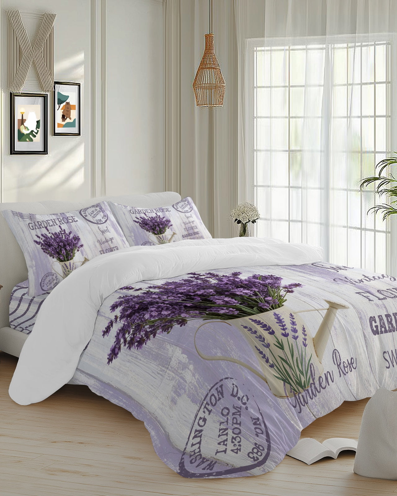 4 Piece Duvet Cover Set Queen, Purple Lavender Farm Wood Grain Soft ...