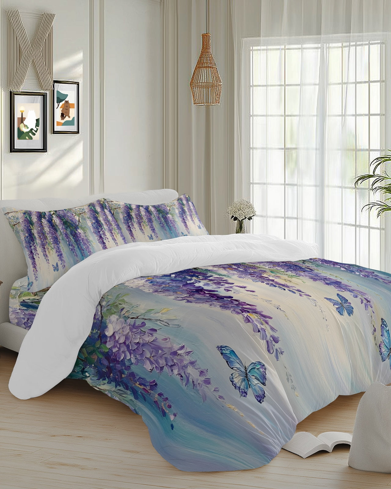 4 Piece Duvet Cover Set Queen, Purple Lavender Flower Butterfly Soft ...