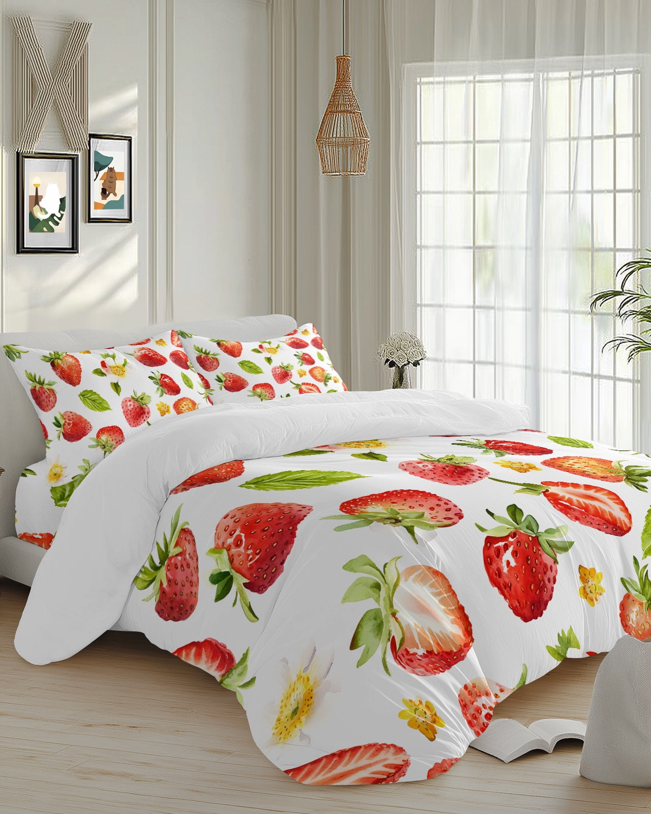 4 Piece Duvet Cover Set Queen, Red Strawberry Green Leaves Seamless ...