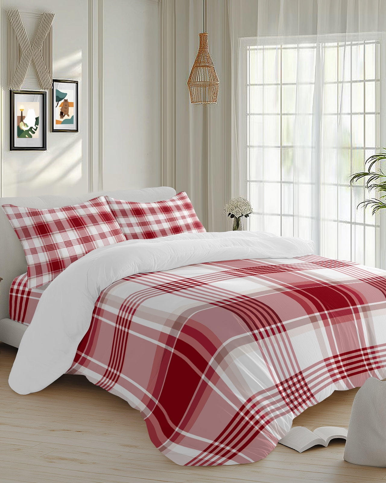 4 Piece Duvet Cover Set Queen, Red White Gradual Soft Breathable ...