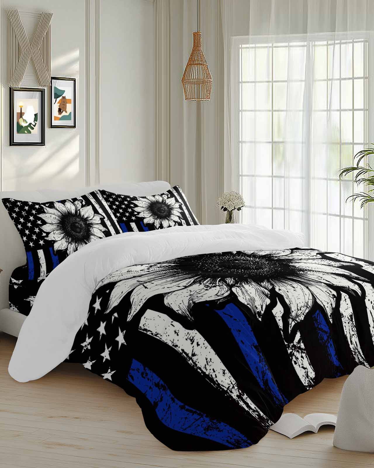 4 Piece Duvet Cover Set Queen, Retro American Thin Blue Line Flag Soft ...