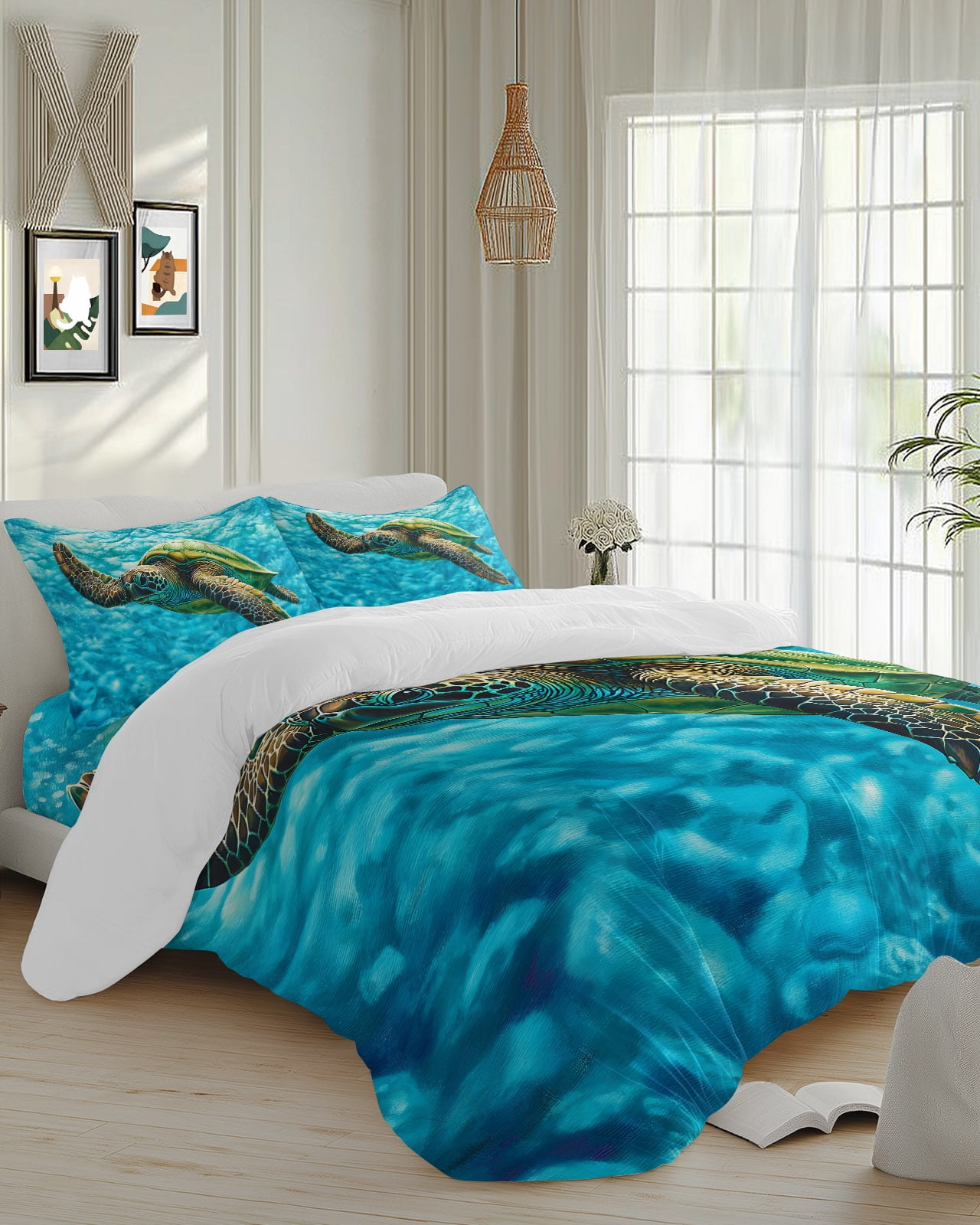 4 Piece Duvet Cover Set Queen, Retro Blue Ocean Sea Turtle Soft ...