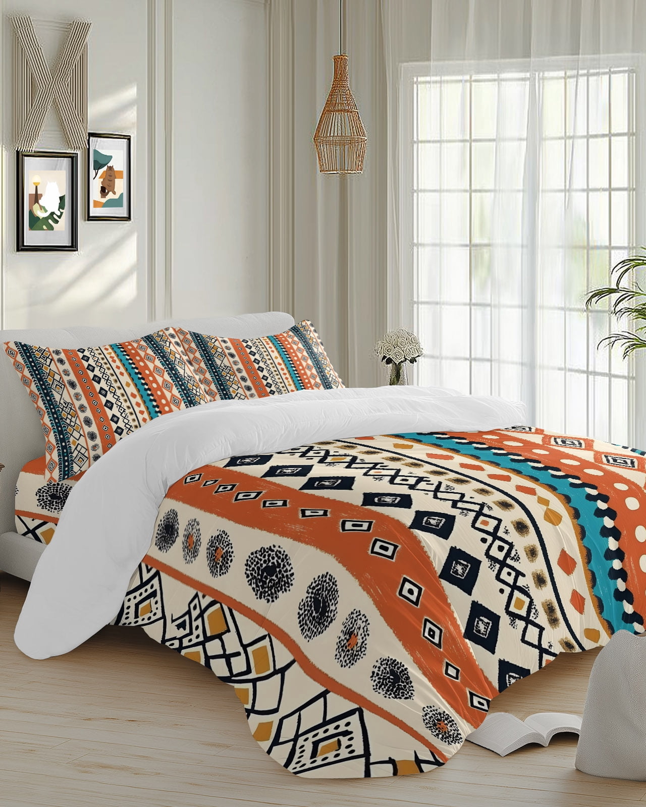 4 Piece Duvet Cover Set Queen, Retro Bohemian Art Soft Breathable ...