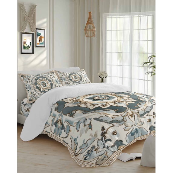 4 Piece Duvet Cover Set Queen, Retro Chic Bohemian Floral Pattern Soft ...