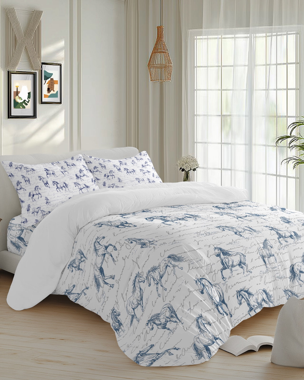 4 Piece Duvet Cover Set Queen, Retro Grey Horses on Letter Back Soft ...