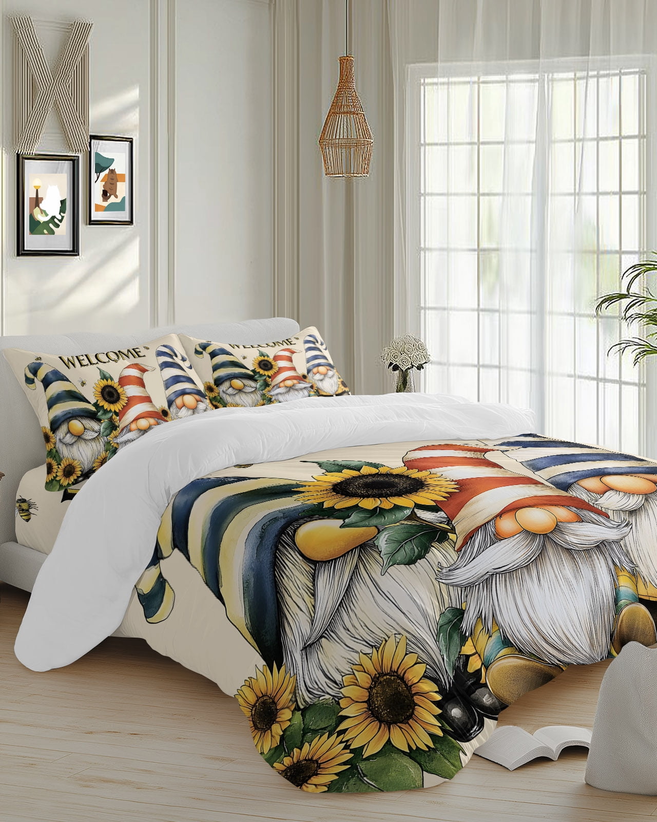 4 Piece Duvet Cover Set Queen, Retro Summer Sunflower Dwarf Bee Soft ...