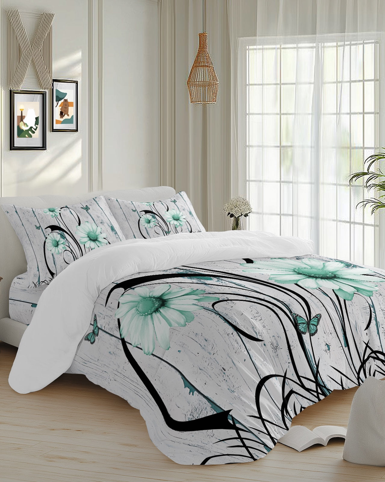 4 Piece Duvet Cover Set Queen, Retro Turquoise Flower Butterfly Soft ...