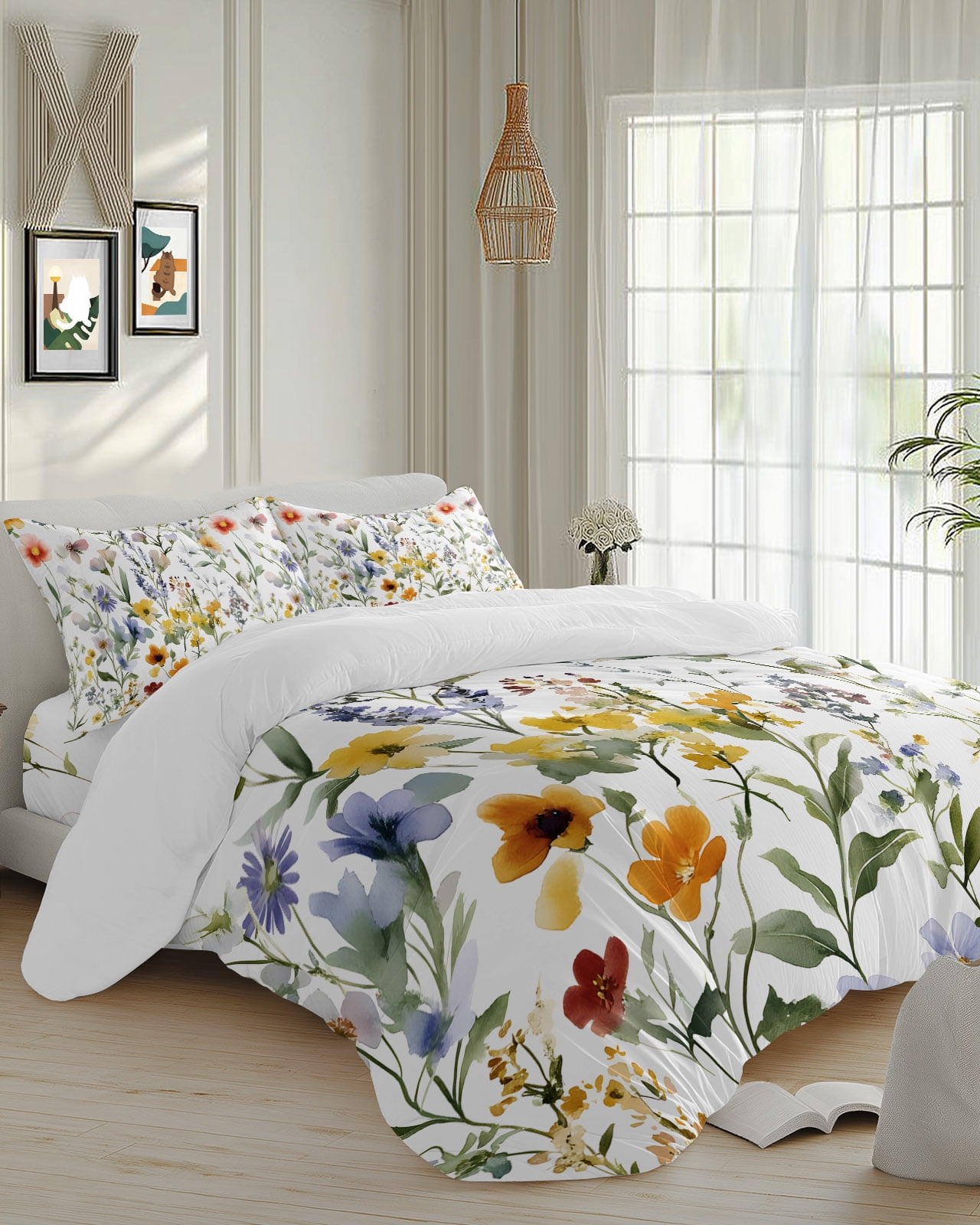 4 Piece Duvet Cover Set Queen, Retro Watercolor Colorful Flower Floral ...