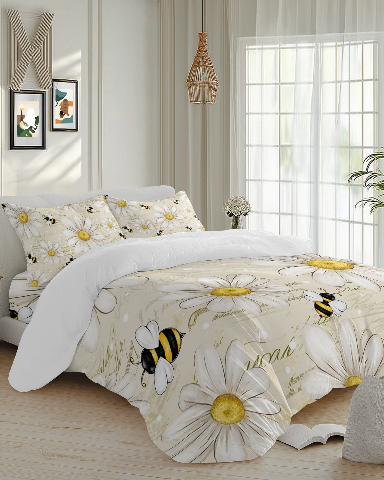4 Piece Duvet Cover Set Queen, Retro Watercolor White Floral Bee Soft ...