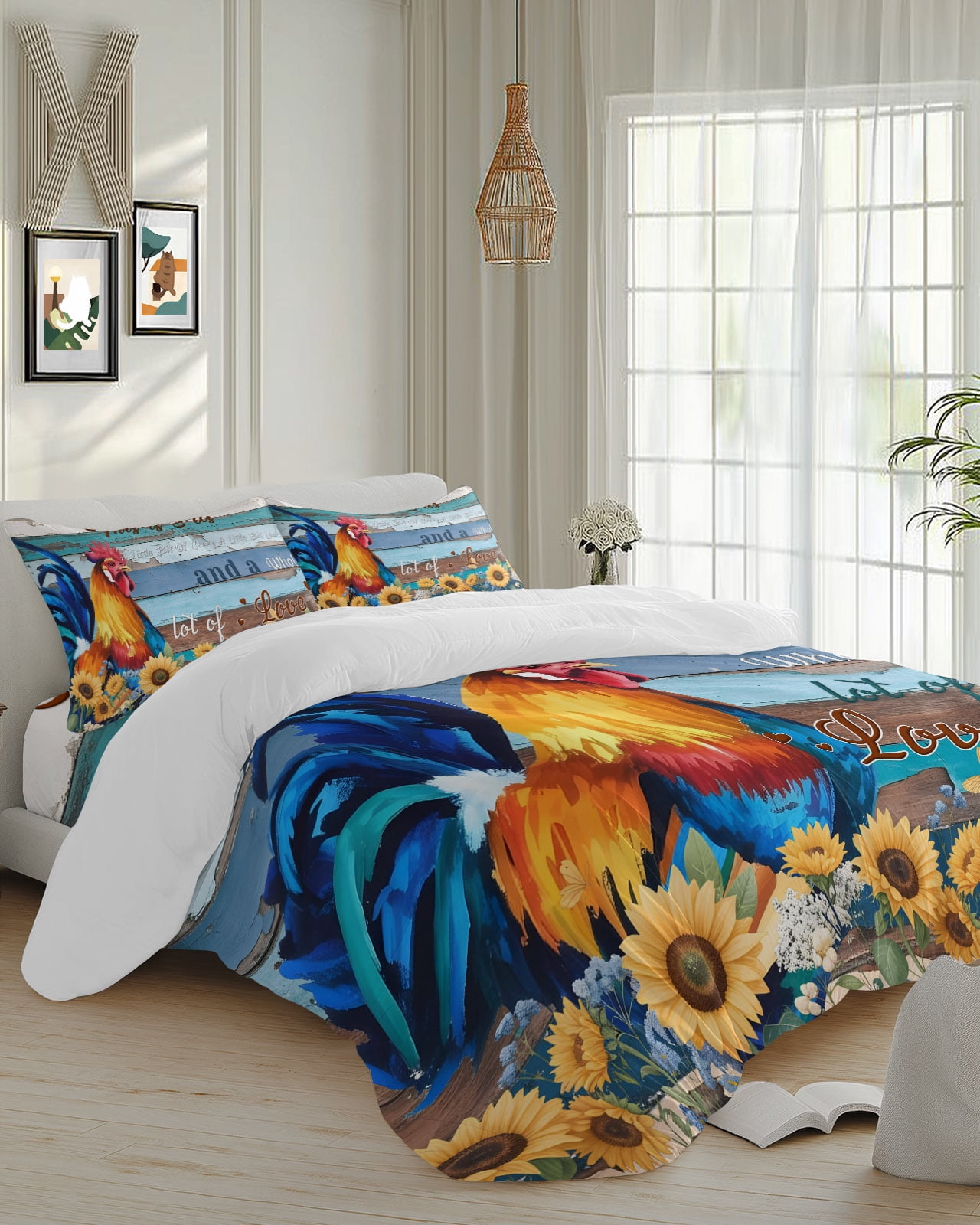 4 Piece Duvet Cover Set Queen, Rustic Chicken Sunflower Soft Breathable ...