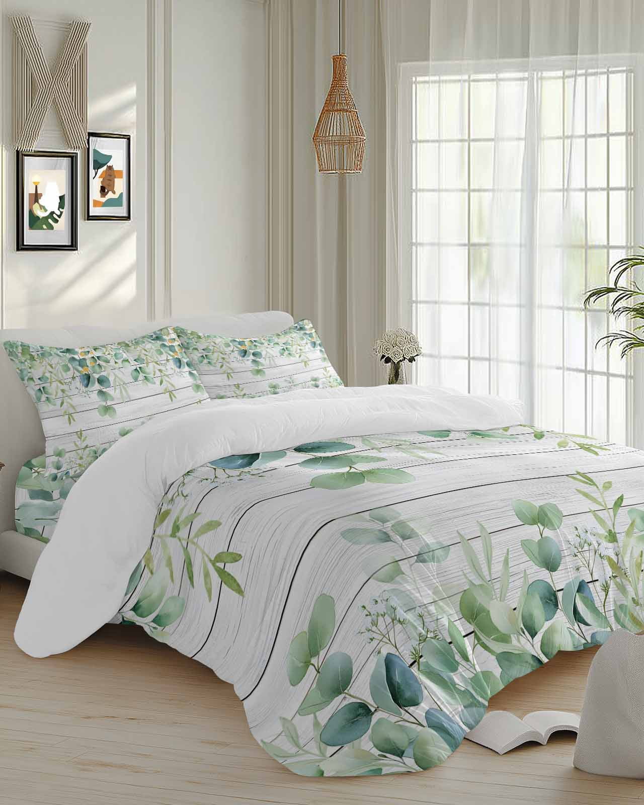 4 Piece Duvet Cover Set Queen, Rustic Green Leaves on Gray Wood Soft ...