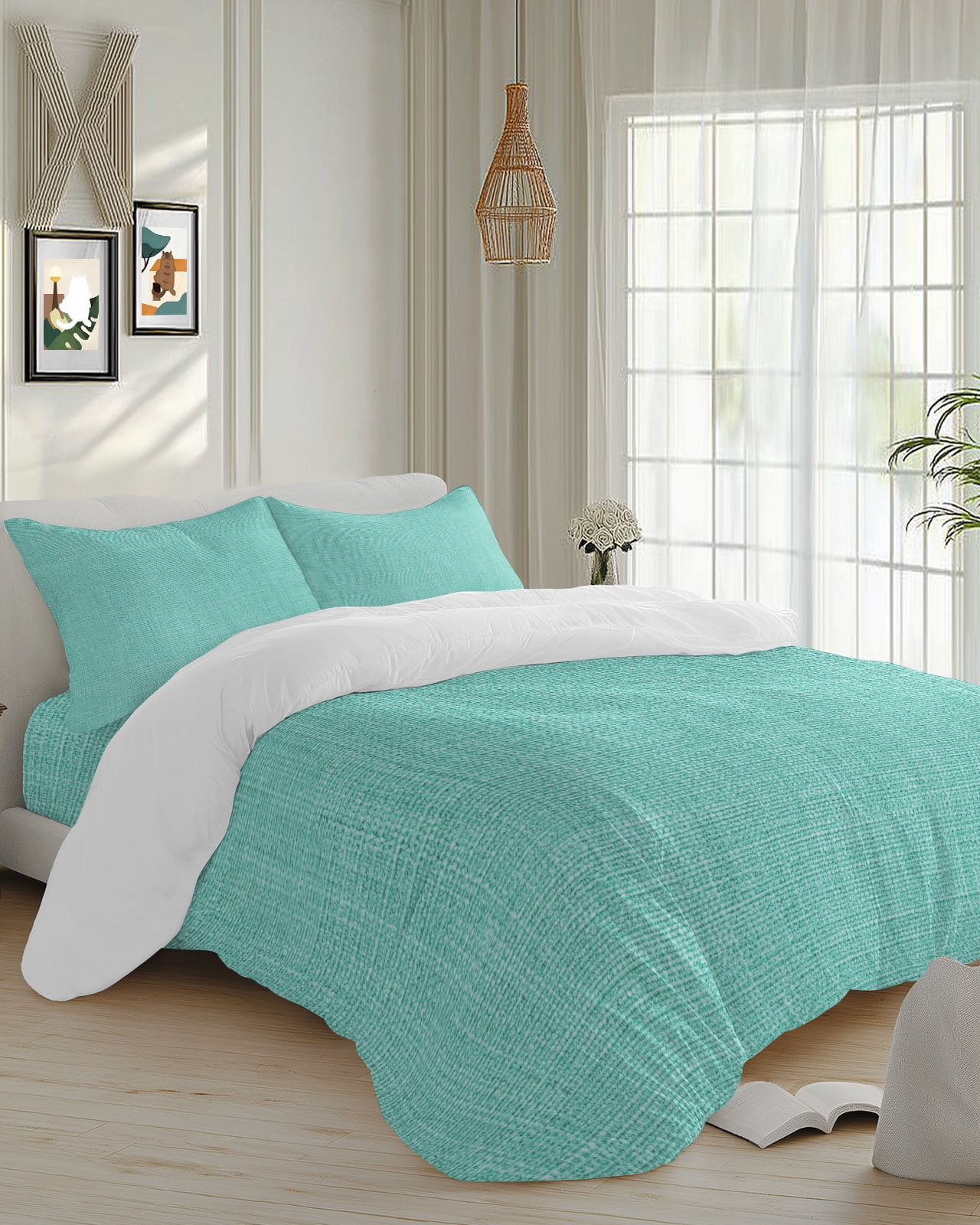 4 Piece Duvet Cover Set Queen, Rustic Linen Texture Soft Breathable ...