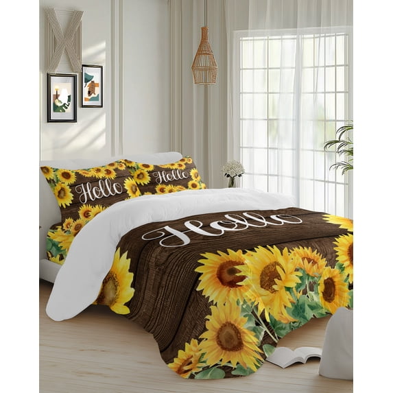 4 Piece Duvet Cover Set Queen, Rustic Sunflower Hello Text Soft ...