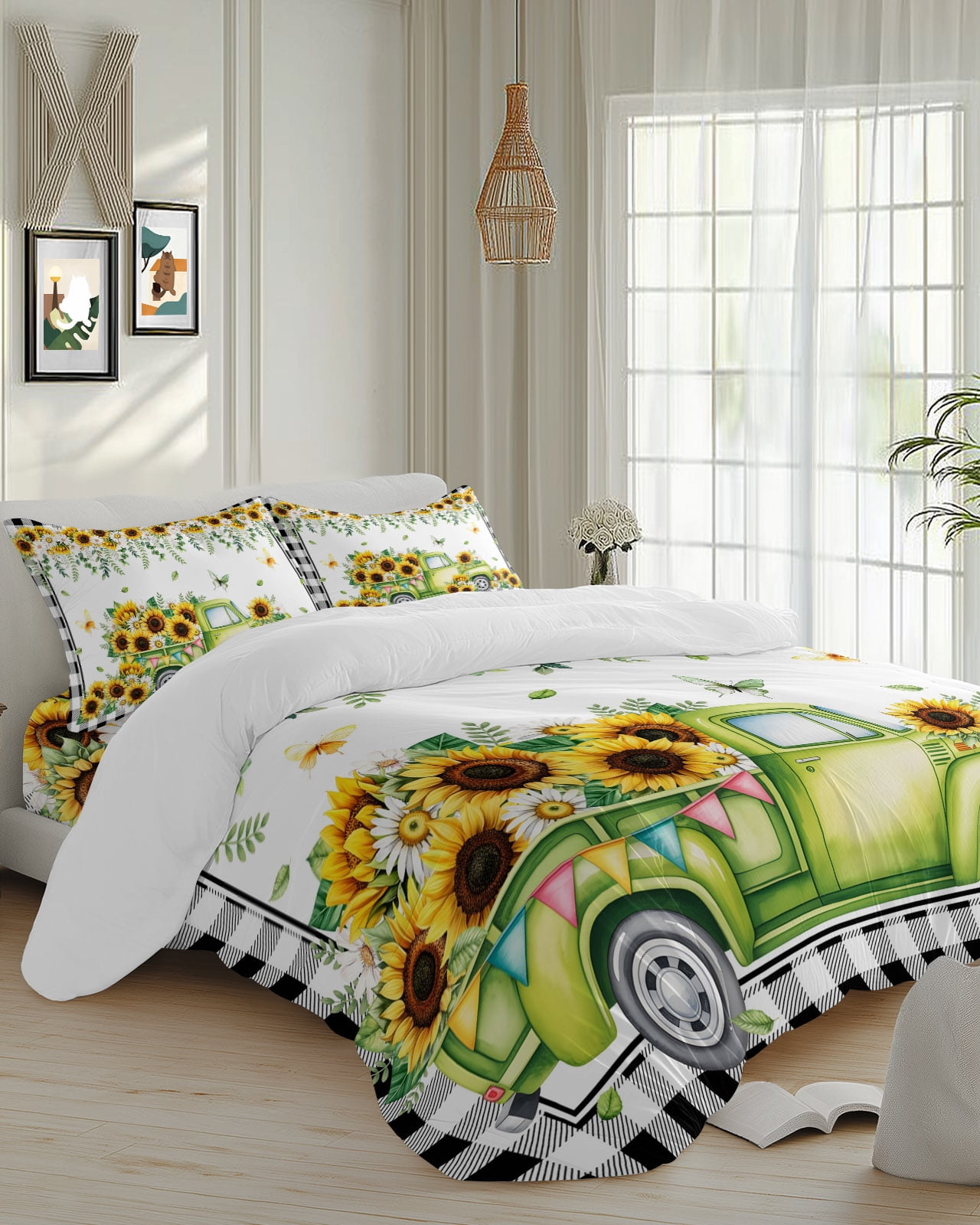 4 Piece Duvet Cover Set Queen, Rustic Truck Buffalo Plaid Soft ...
