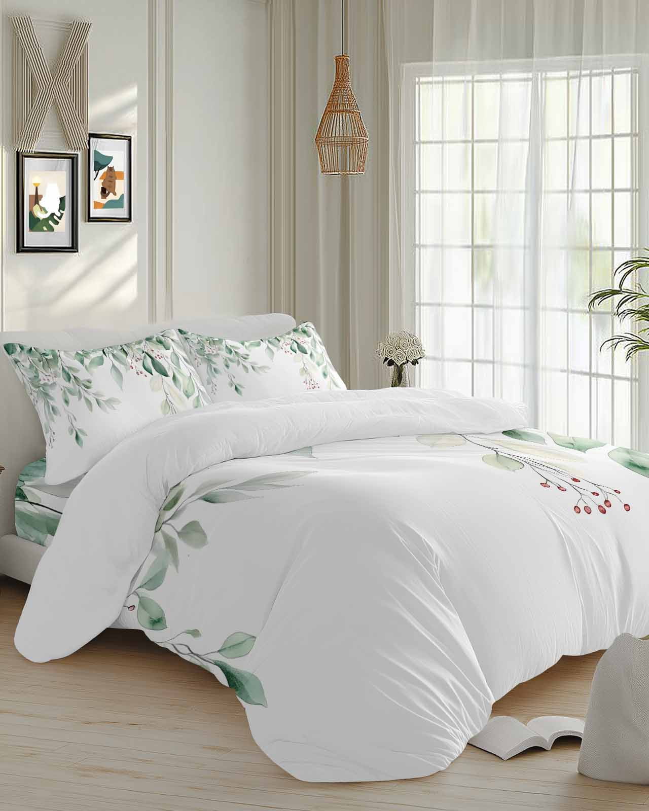 4 Piece Duvet Cover Set Queen, Sage Green Eucalyptus Leaves on White ...