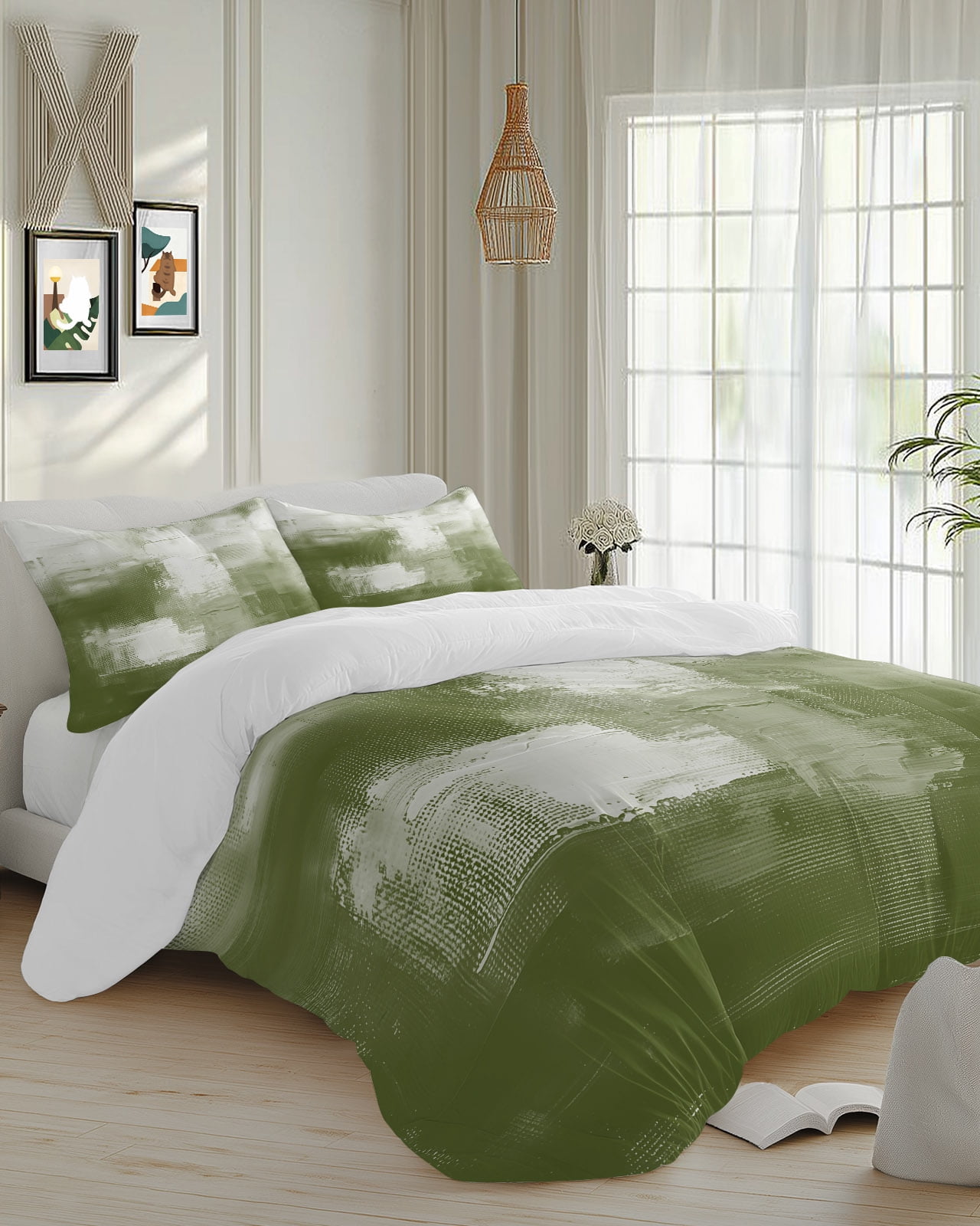 4 Piece Duvet Cover Set Queen, Sage Green Oil Painting Style Soft ...