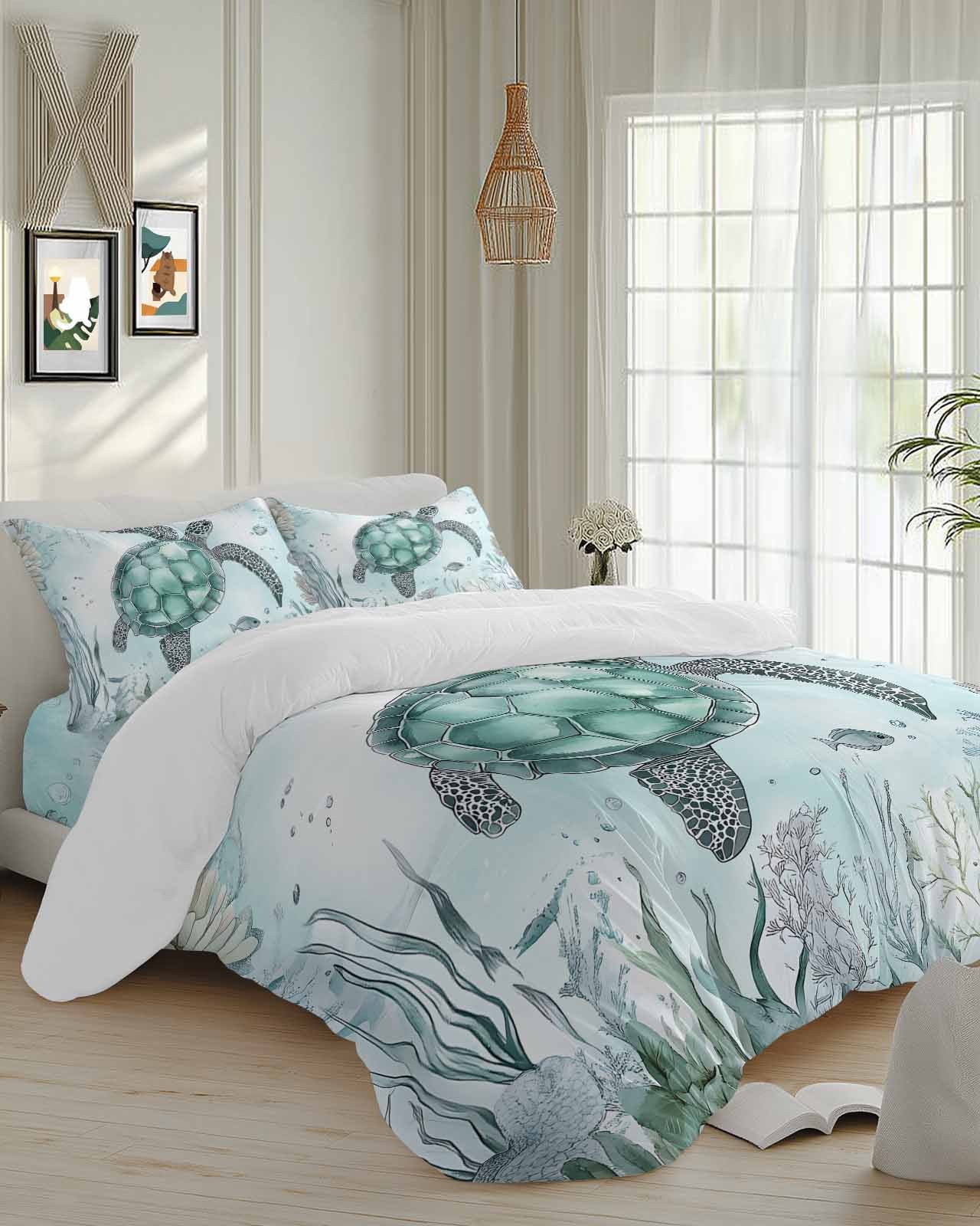 4 Piece Duvet Cover Set Queen, Sea Turtle Ocean Seaweed Cyan Soft ...