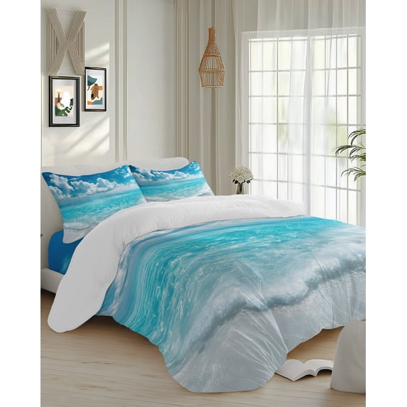 4 Piece Duvet Cover Set Queen, Sea Wave Blue Sky White Clouds Soft ...