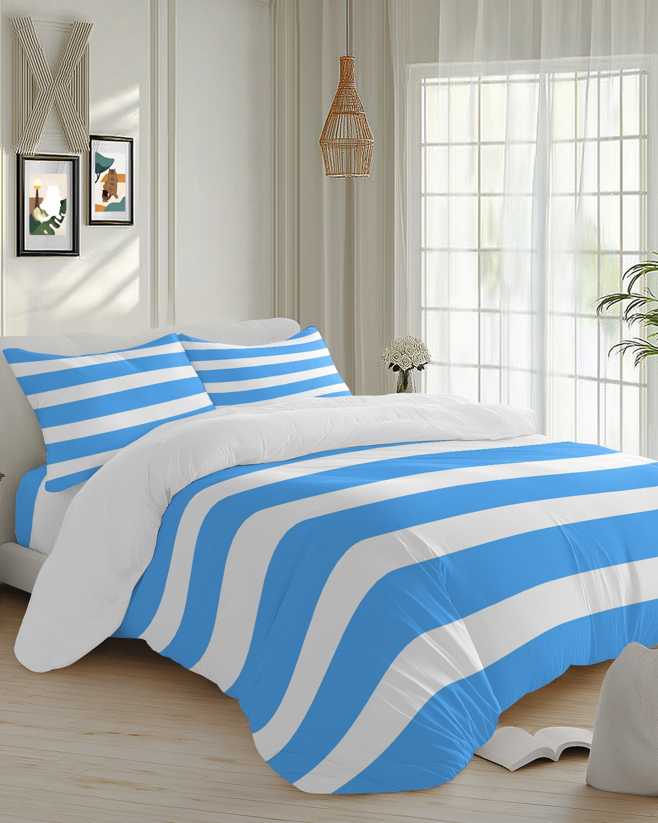 4 Piece Duvet Cover Set Queen, Simple Blue Striped Soft Breathable ...