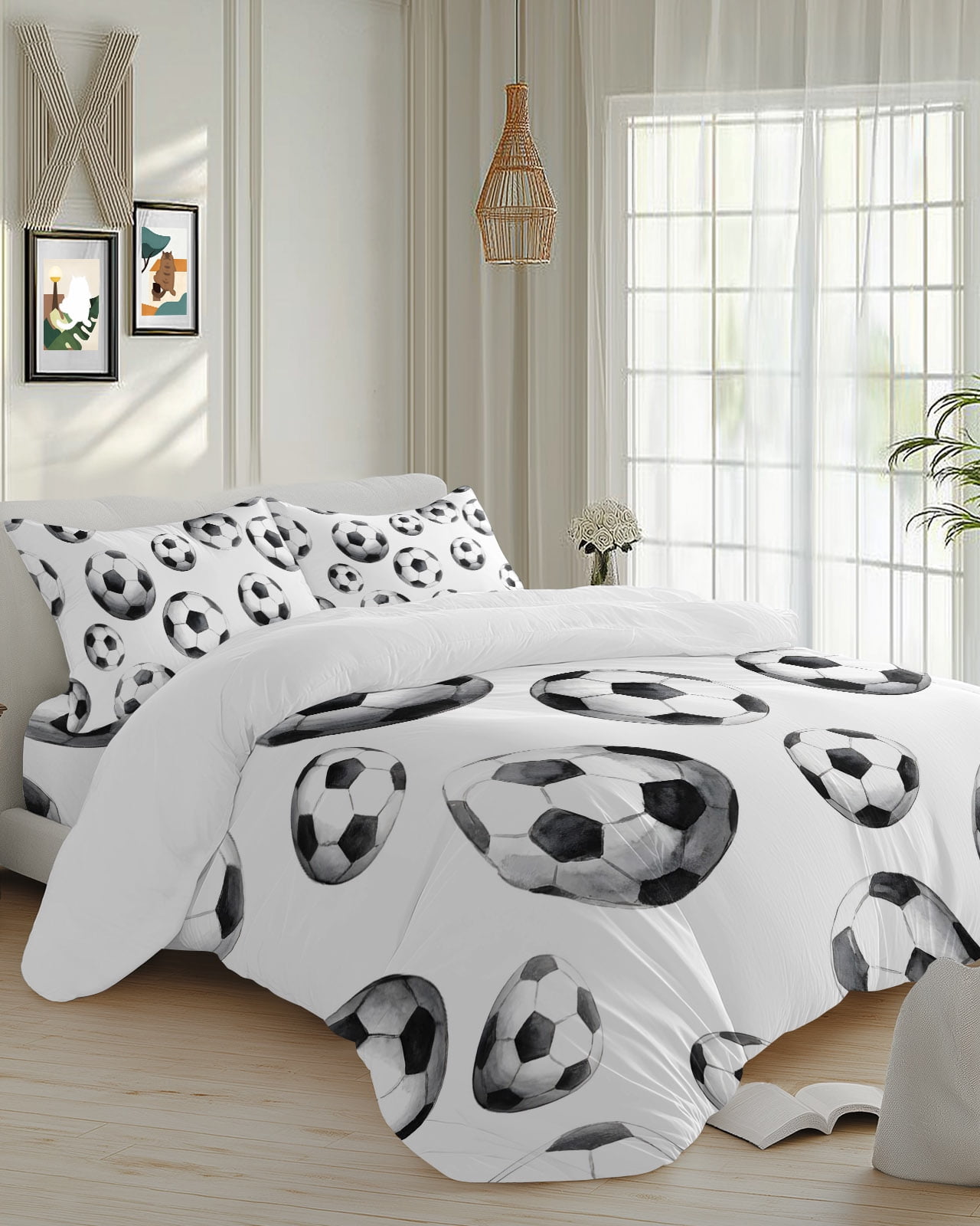 4 Piece Duvet Cover Set Queen, Sports Soccer Balls Soft Breathable ...