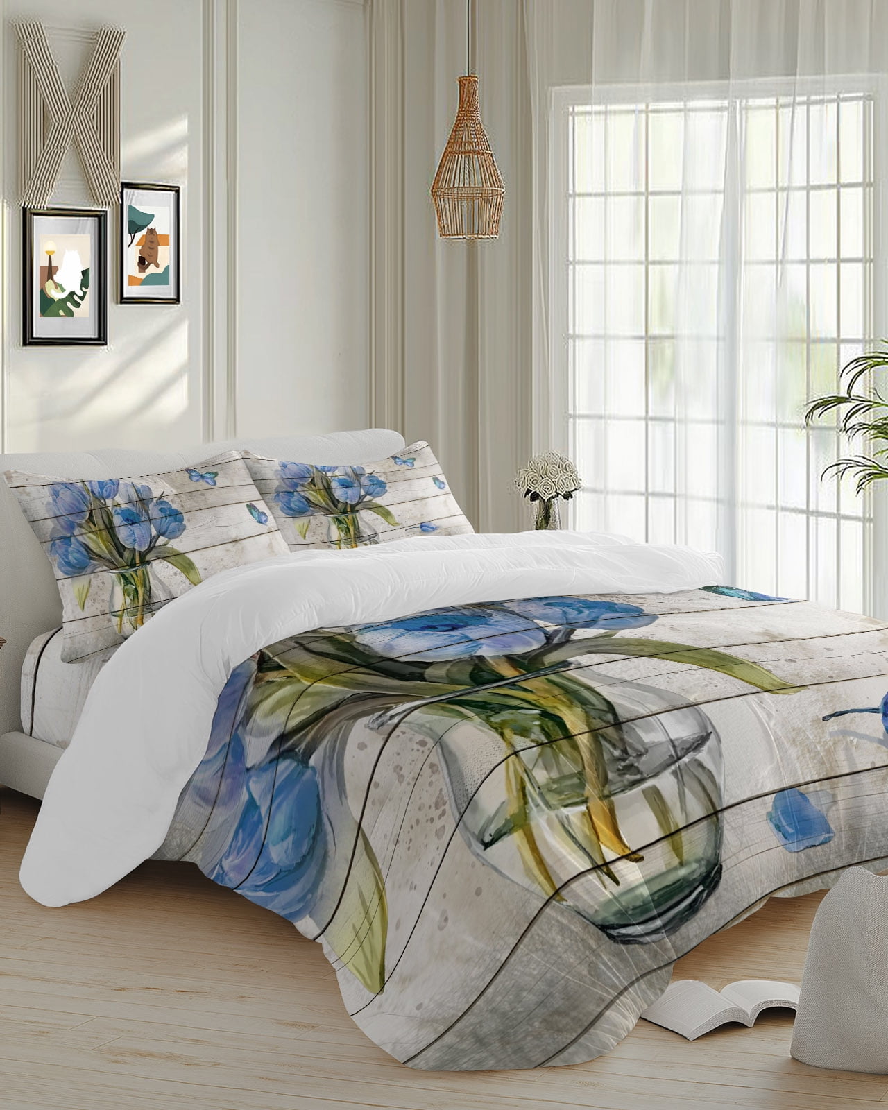 4 Piece Duvet Cover Set Queen, Spring Blue Flower Butterfly Soft ...
