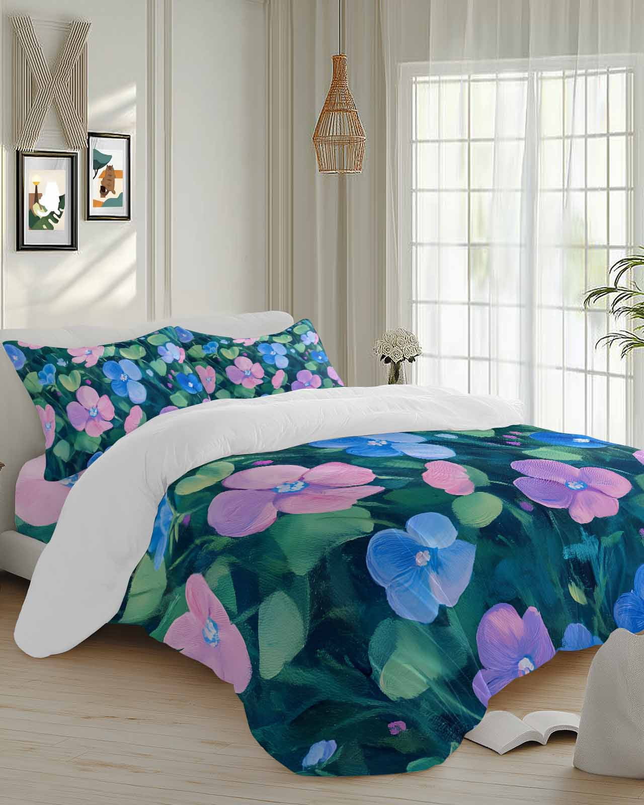 4 Piece Duvet Cover Set Queen, Spring Blue Pink Small Floral Soft ...