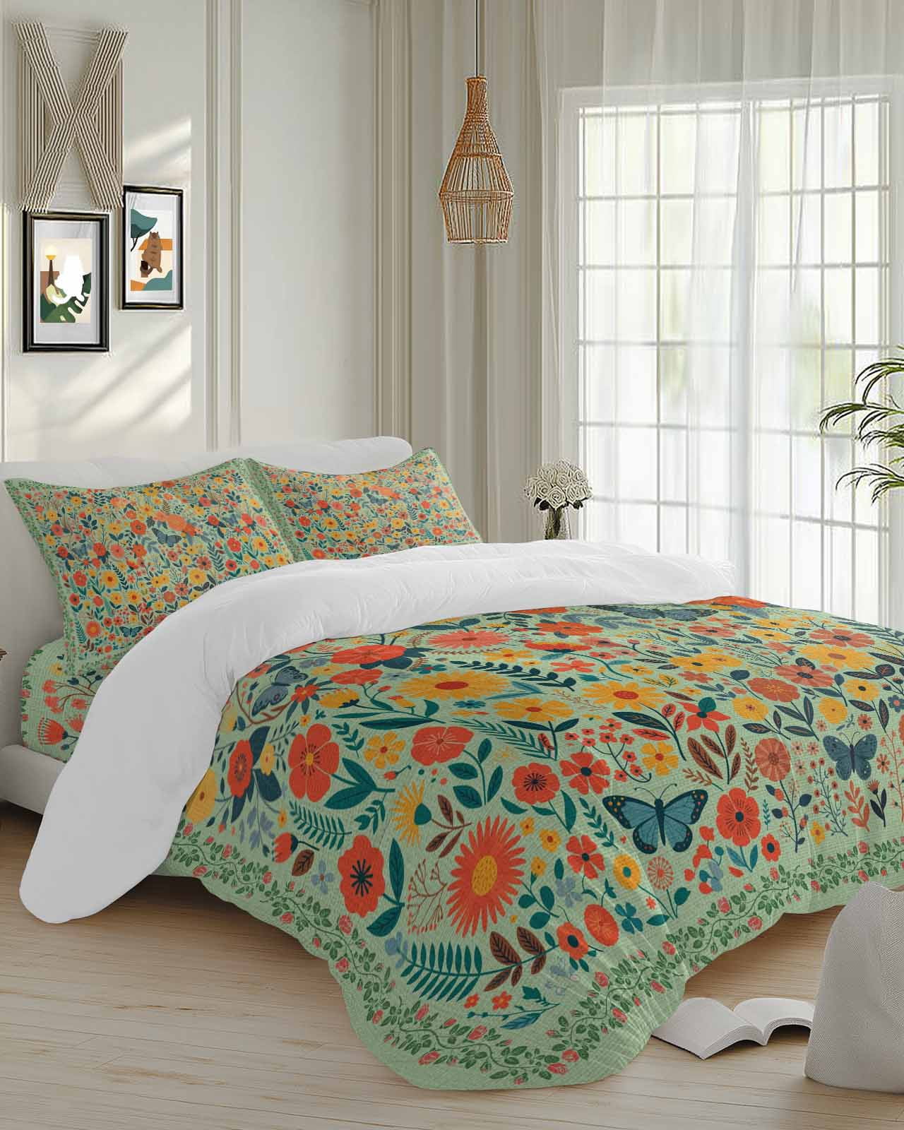 4 Piece Duvet Cover Set Queen, Spring Boho Flower Leaf Soft Breathable ...