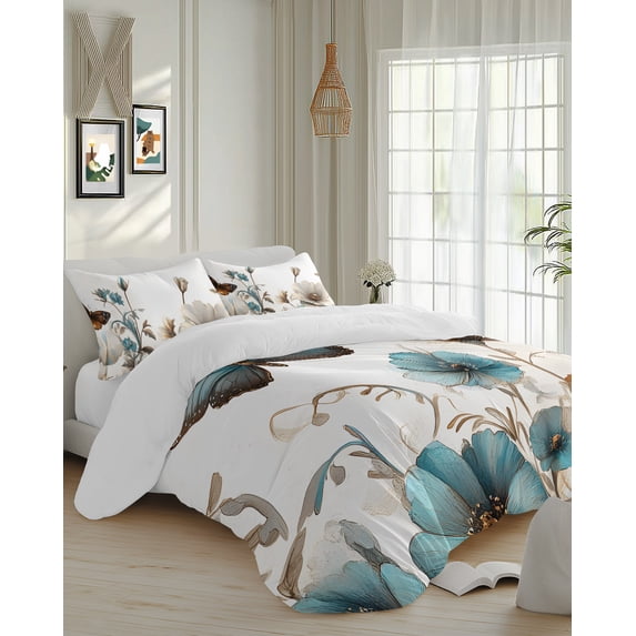 4 Piece Duvet Cover Set Queen, Spring Butterfly Watercolor Blue Flower ...