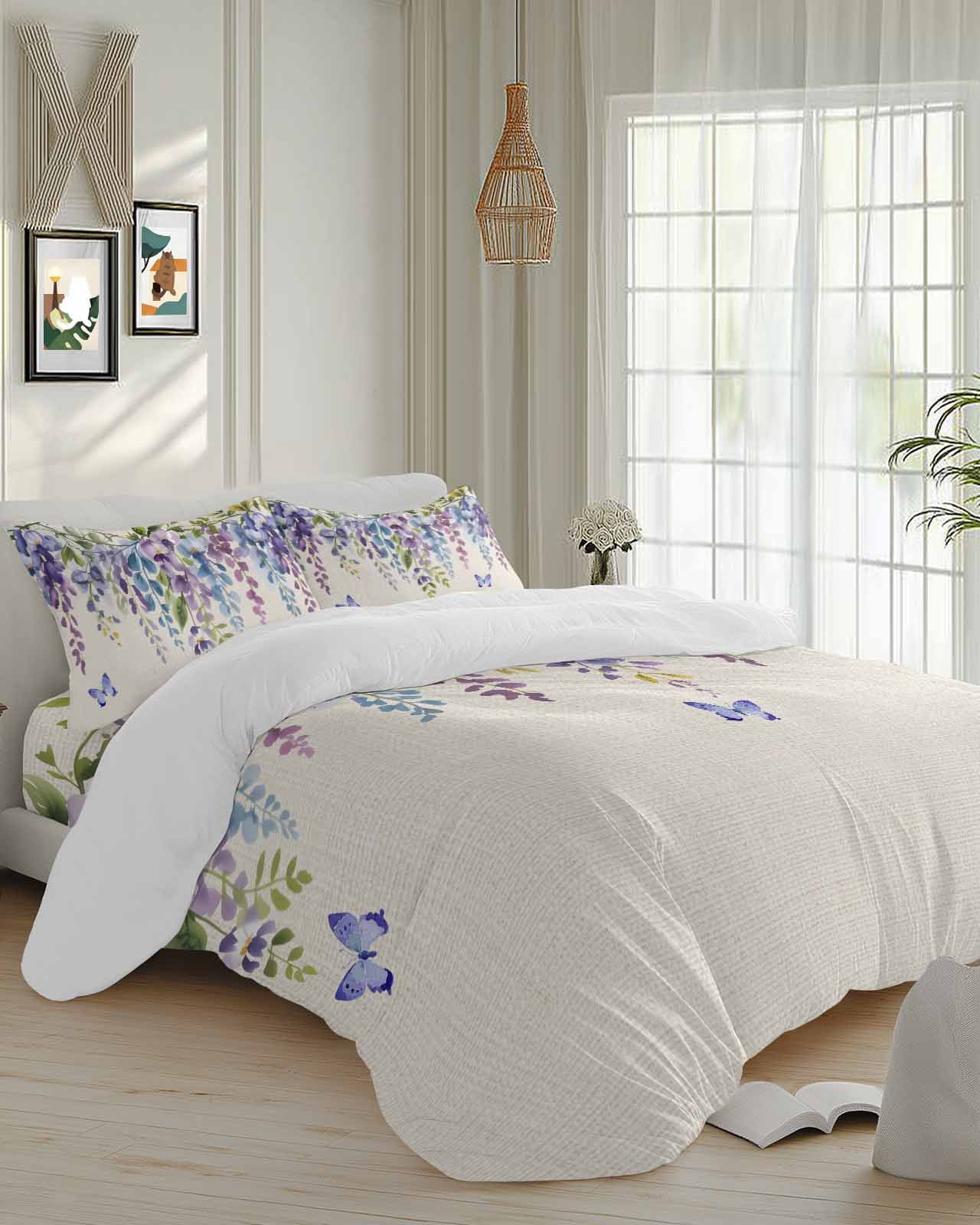 4 Piece Duvet Cover Set Queen, Spring Butterfly Wisteria Flowers Soft ...