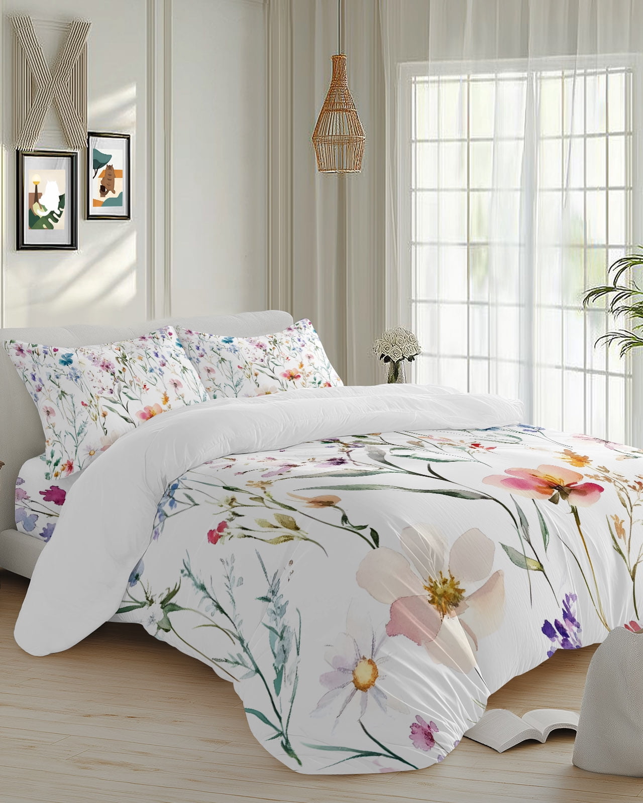4 Piece Duvet Cover Set Queen, Spring Country Flowers Soft Breathable ...