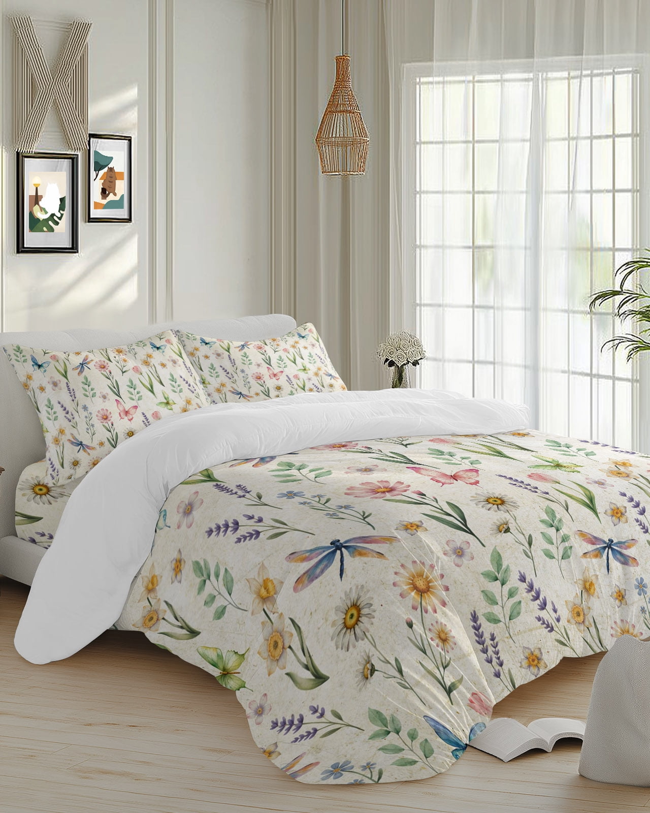 4 Piece Duvet Cover Set Queen, Spring Daisy Flower Lavender Leaf Soft ...
