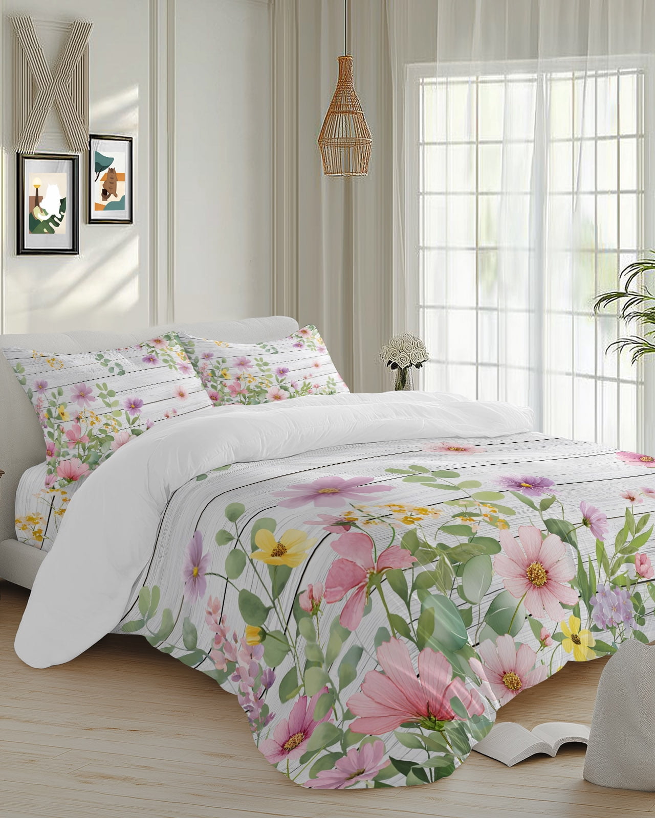 4 Piece Duvet Cover Set Queen, Spring Flower Leaf Pastoral Theme Soft ...