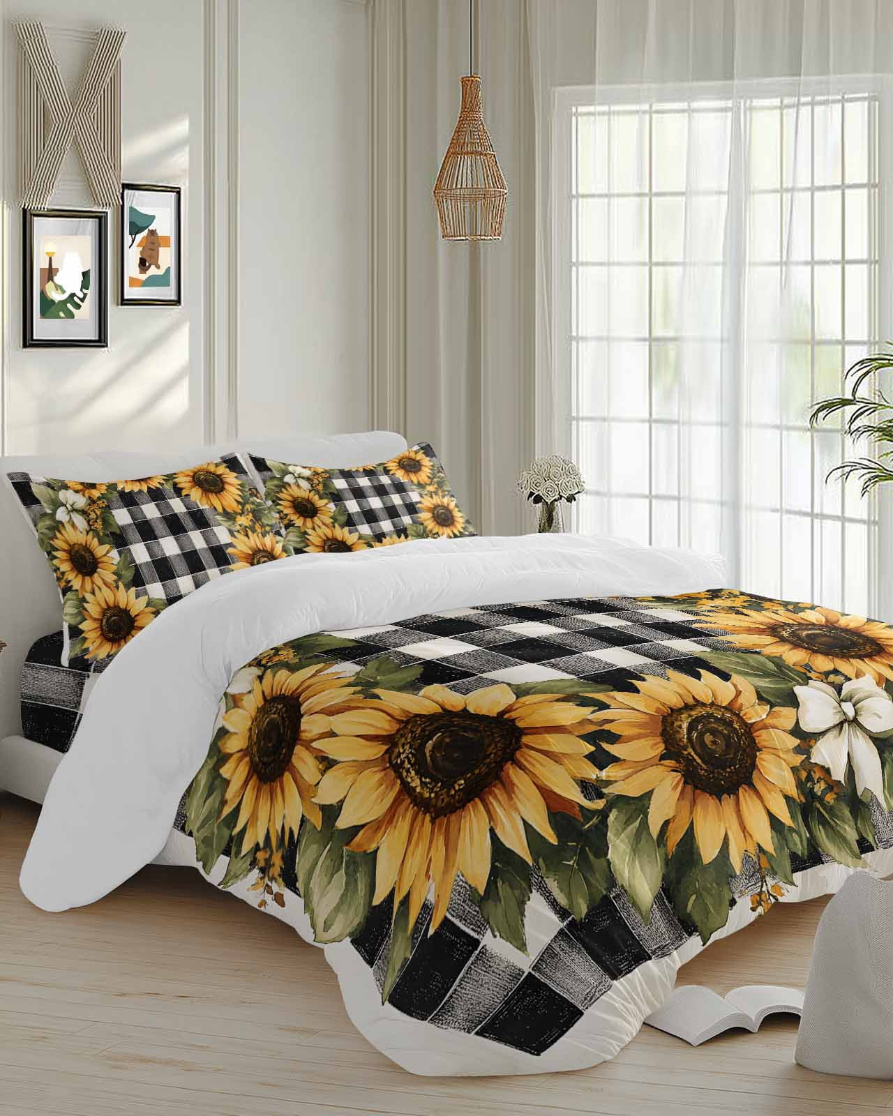 4 Piece Duvet Cover Set Queen, Spring Pastoral Sunflower Wreath Leaf ...