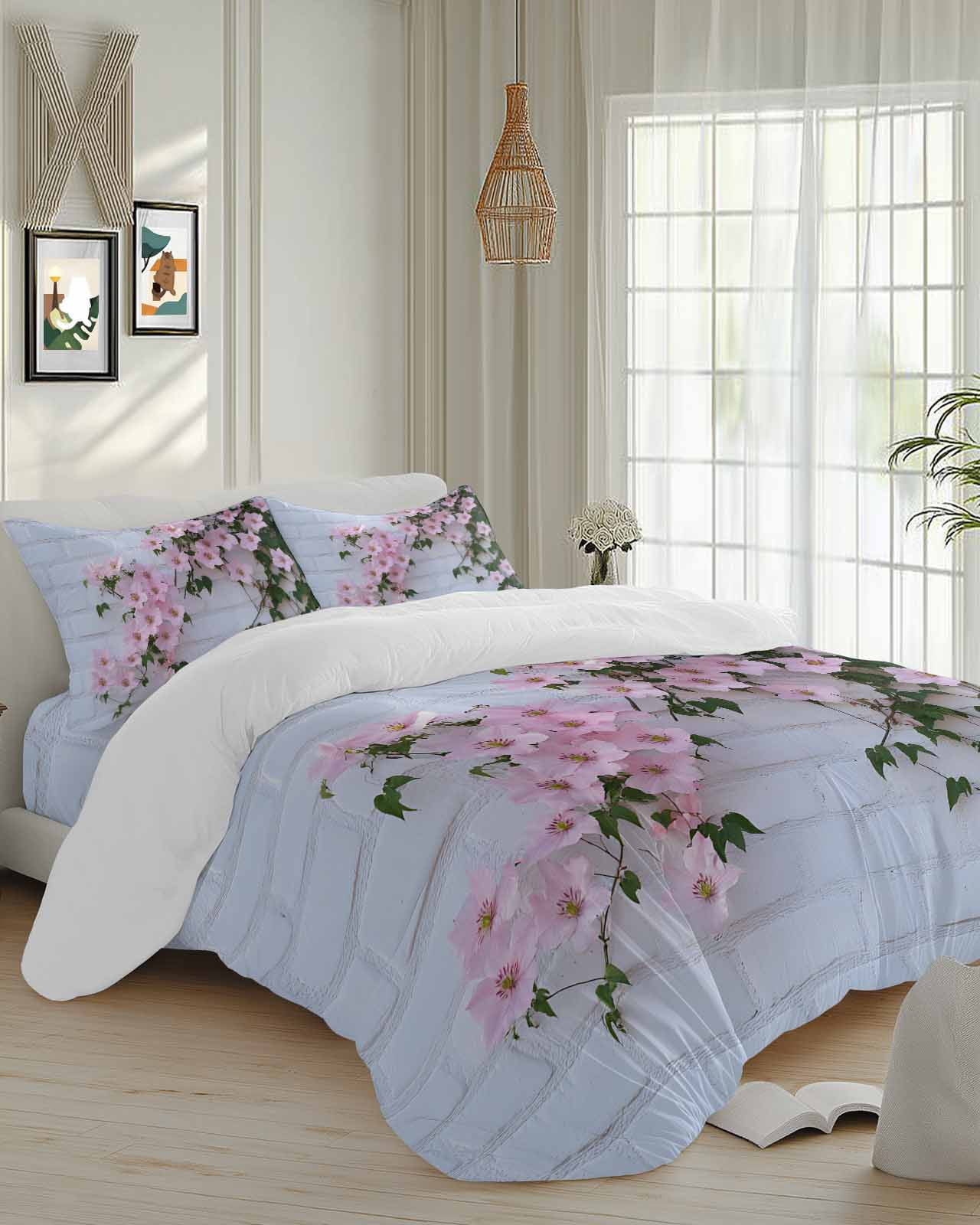 4 Piece Duvet Cover Set Queen, Spring Pink Flower Green Leaf Soft ...