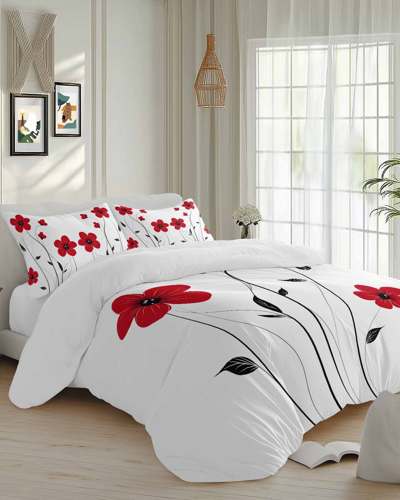4 Piece Duvet Cover Set Queen, Spring Red Flower Abstract Floral Soft ...